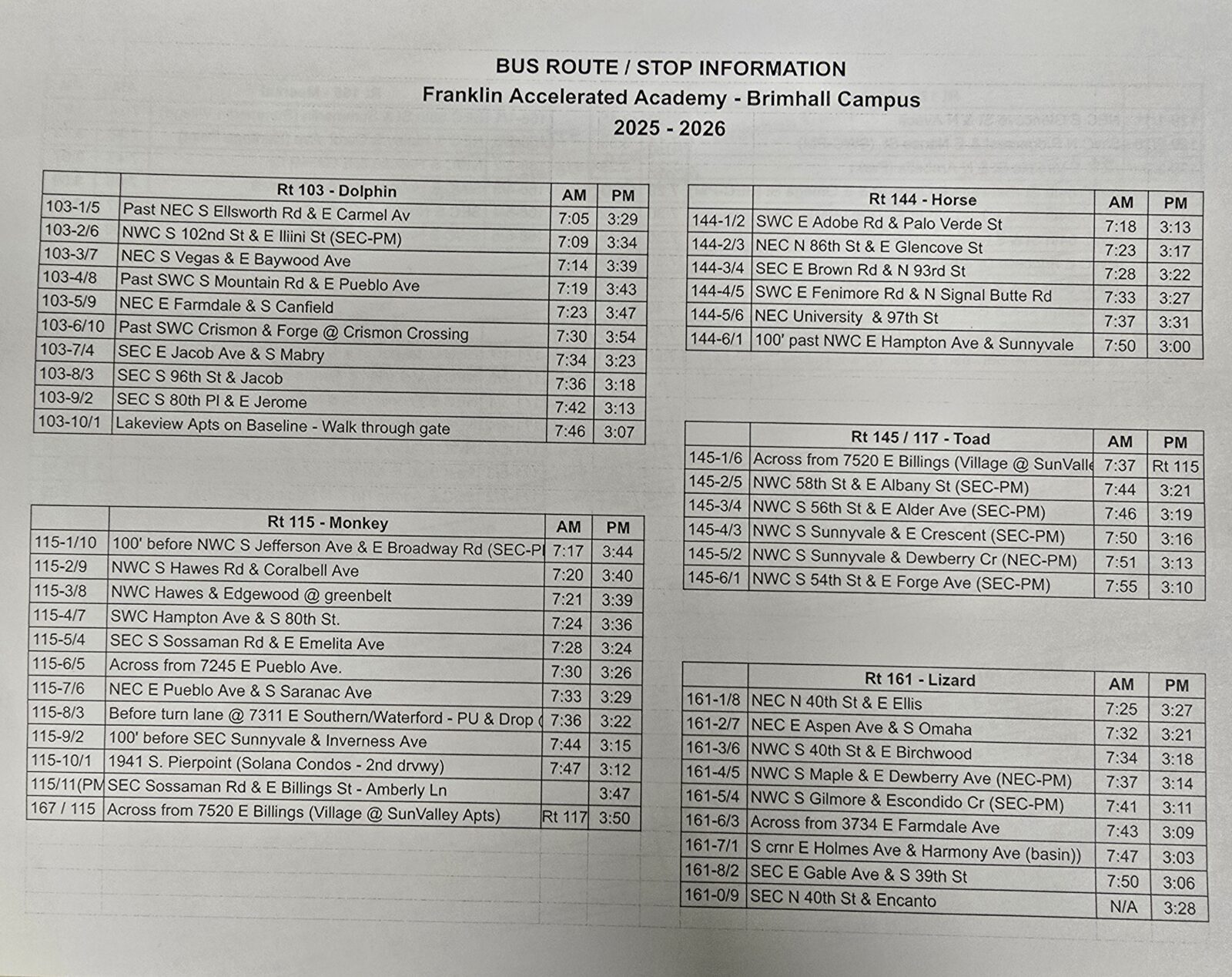 Bus Routes – Franklin at Brimhall Parent Organization